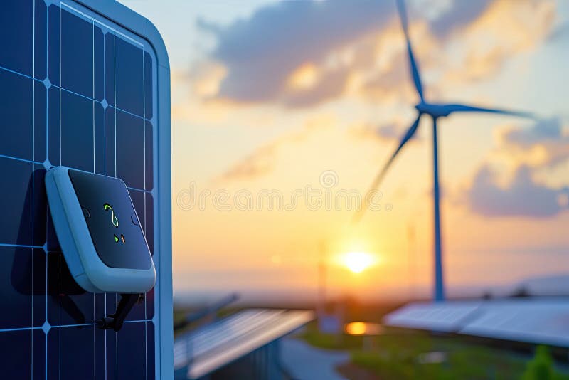 Using of Charge Station, Solar Panel and Windmill Background ...