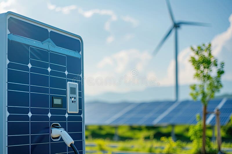 Using of Charge Station, Solar Panel and Windmill Background ...