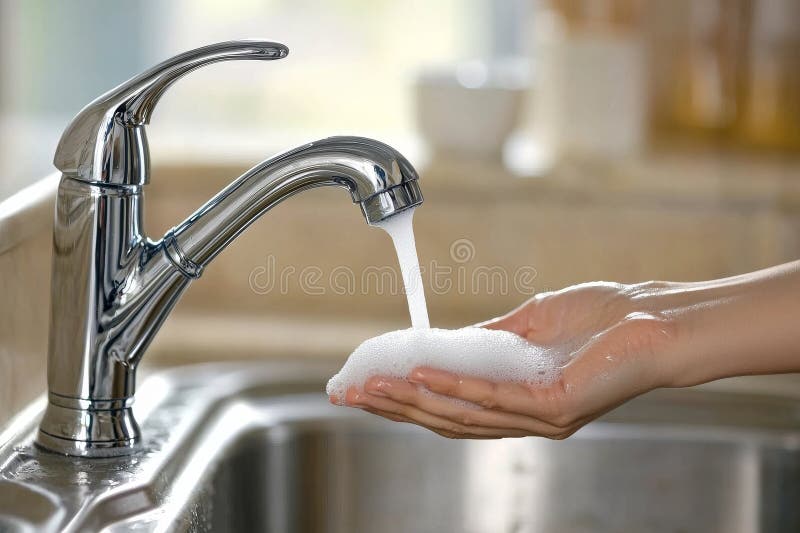Using Clean Flowing Water in the Kitchen Sink To Wash Hands for Hygiene ...
