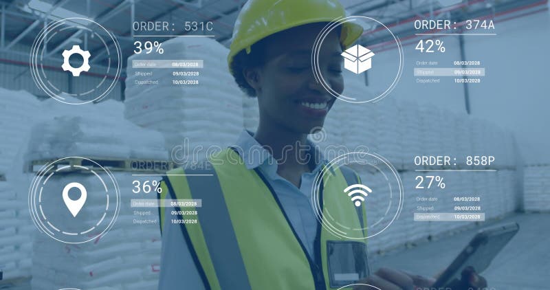 Using Digital Interface, Warehouse Worker in Safety Gear Tracking Order ...