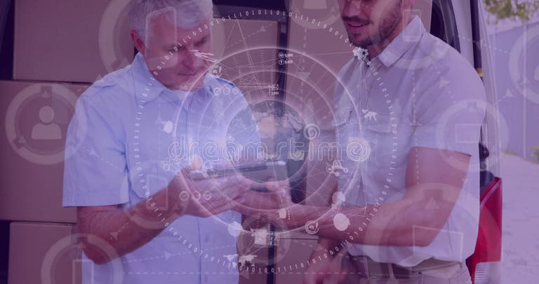 Using Digital Tablet, Two Men Planning Logistics with Futuristic ...