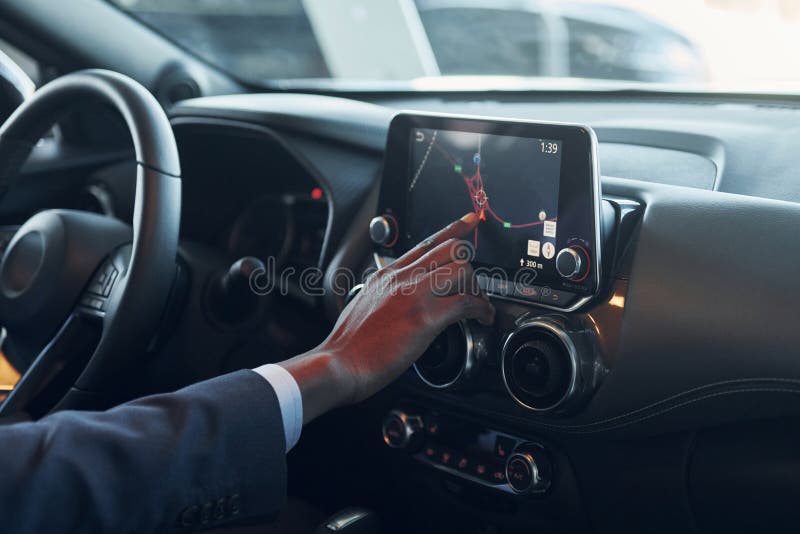 Using Front Control Panel. Young African American Businessman in Black ...