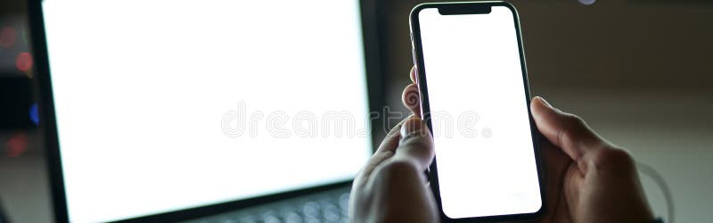 Using Gadgets. Close Up Shot of Blank White Screen of Smarthone Stock ...