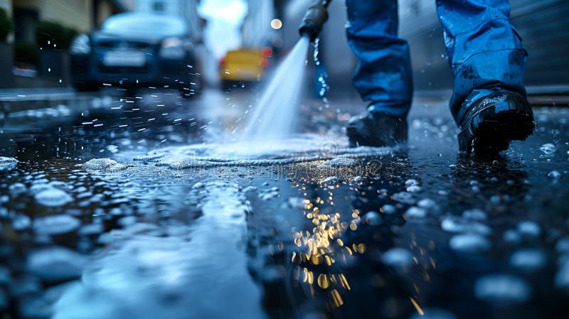 Using High Pressure Water To Clean a Puddle on the Sidewalk Stock Photo ...