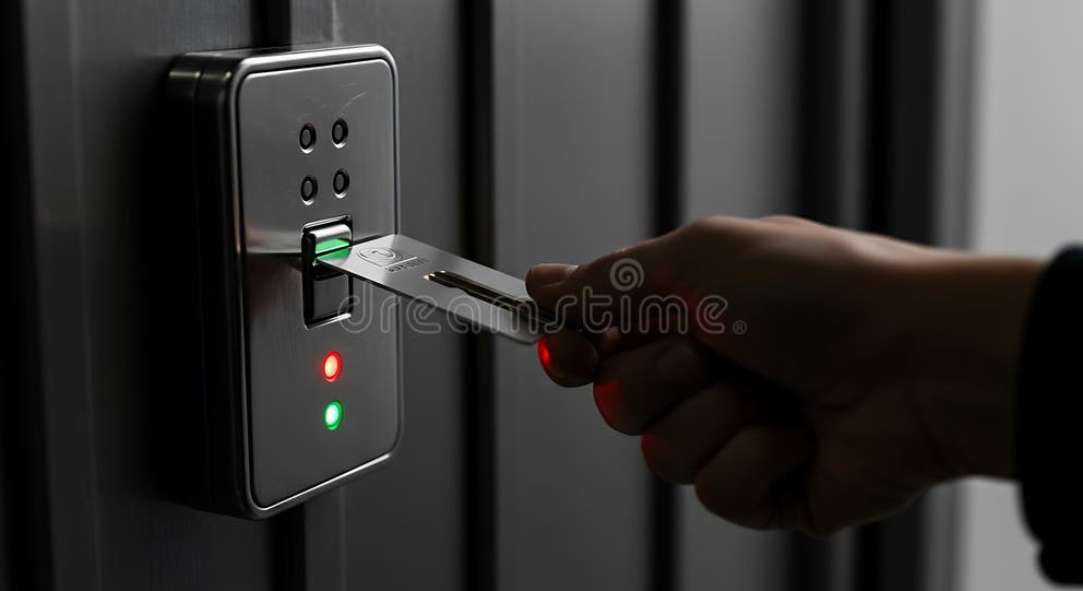 Using Key Card To Access Door Security System with Led Lights Stock ...