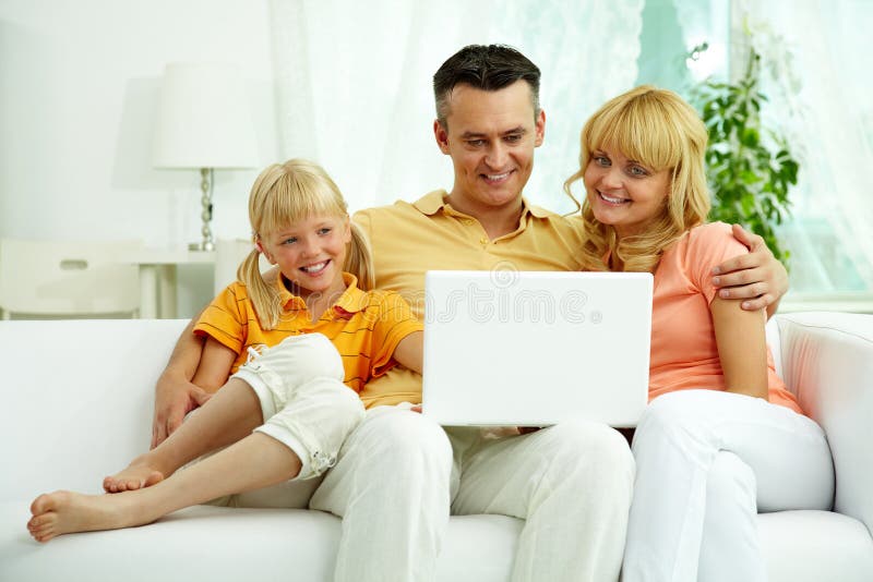 Parents and Kid Using a Laptop with Thumbs Up Stock Image - Image of ...