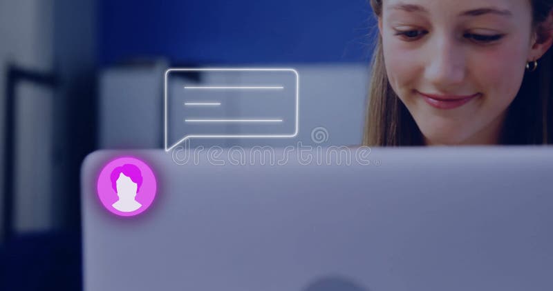 Using Laptop with Animation of Chat Bubble and Profile Icon Overlay ...