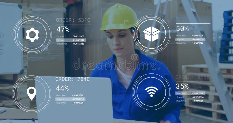 Using Laptop with Digital Animation Overlay, Warehouse Worker in Blue ...