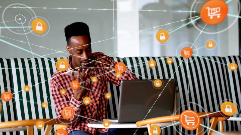 Using Laptop, Man Surrounded by E-commerce and Security Icons Animation ...