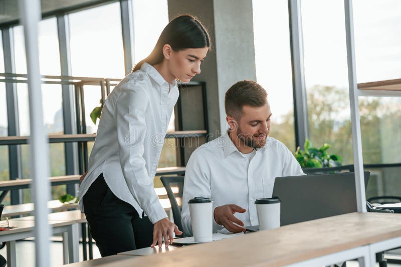 Using Laptop. Man and Woman are Working in the Modern Office Together ...