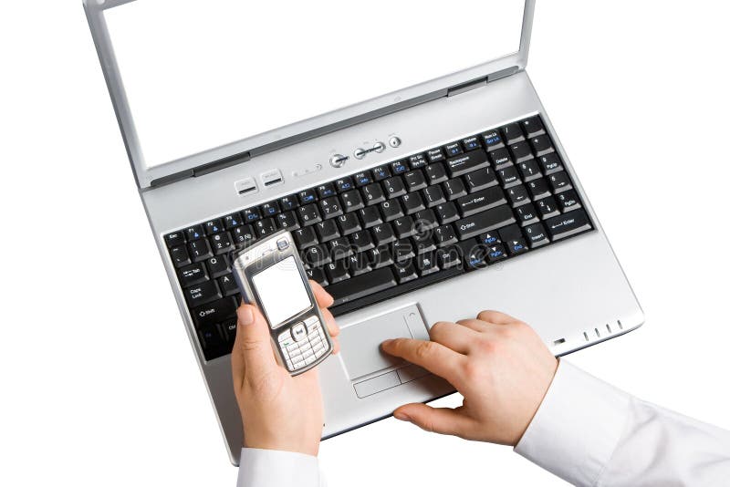 Using a Laptop and a Mobile Phone Stock Image - Image of travel, hand ...
