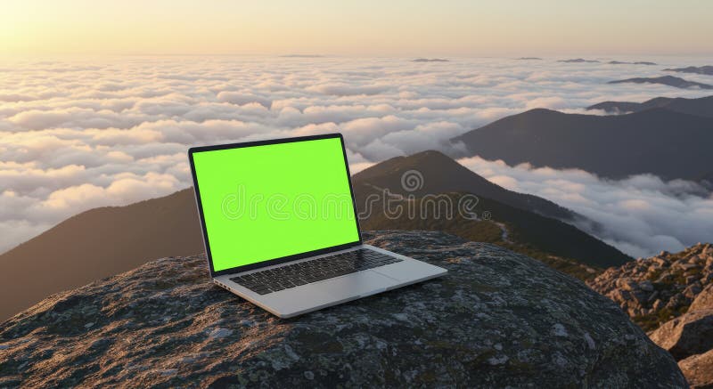 Using Laptop on Mountain Peak Above Clouds at Sunset Green Screen Stock ...