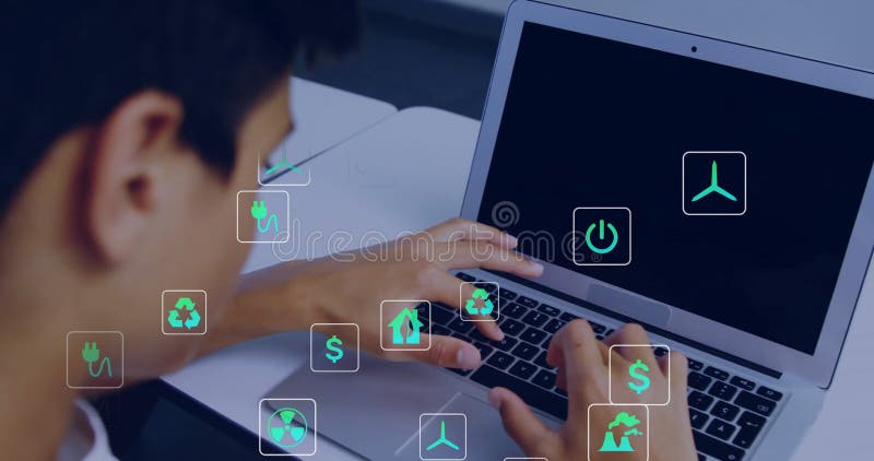 Using Laptop, Person Exploring Digital Icons of Technology and ...