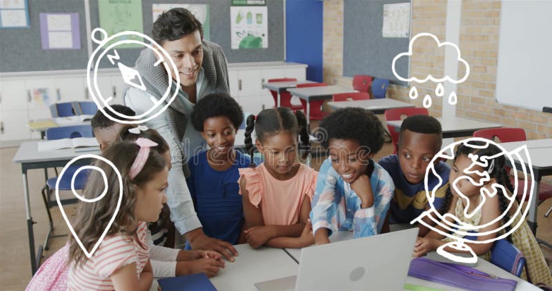 Using Laptop in School, Teacher and Students with Educational Symbols ...