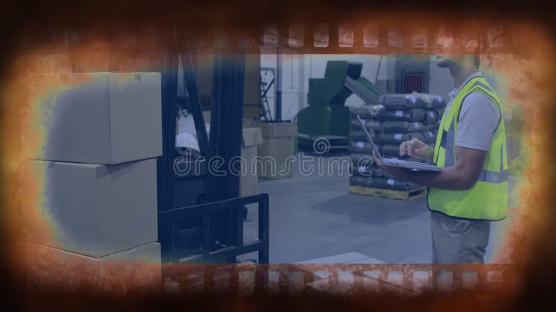 Using Laptop, Warehouse Worker Managing Logistics with Animation Over ...