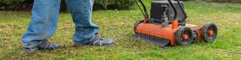 Using a lawn thatcher stock image. Image of home, machinery - 176379003