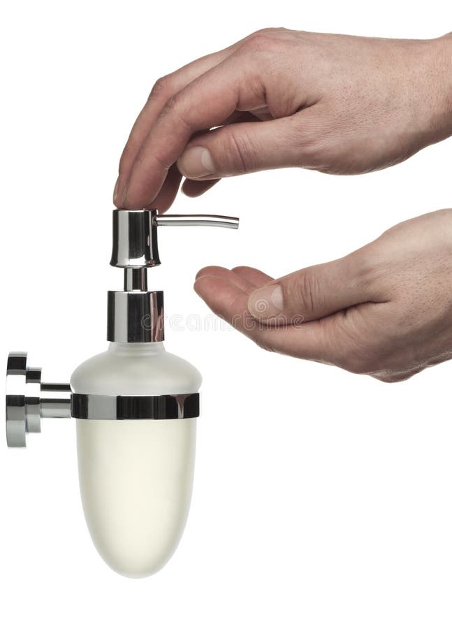 Using a Liquid Soap Dispenser Stock Photo - Image of container, hands ...