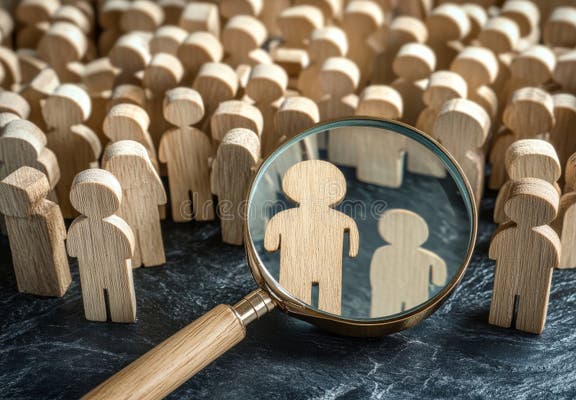 Using a Magnifying Glass, One Wooden Figure is Emphasized, Setting it ...