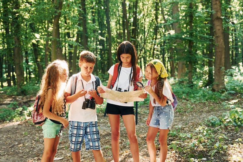 Using Map To Find a Way. Kids Strolling in the Forest with Travel ...