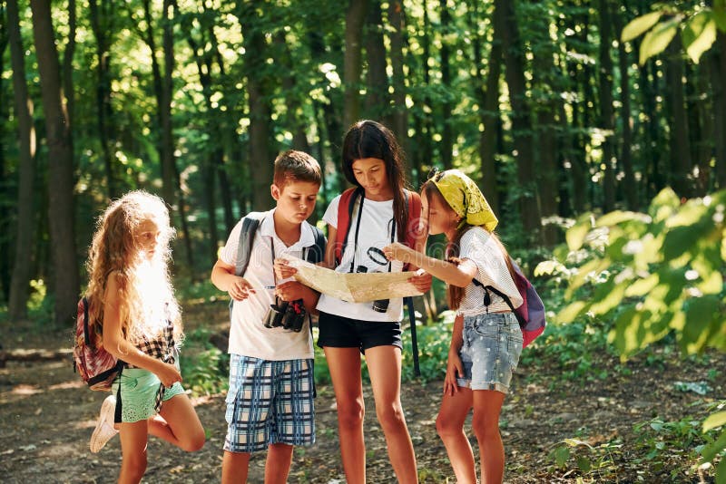 Using Map To Find a Way. Kids Strolling in the Forest with Travel ...