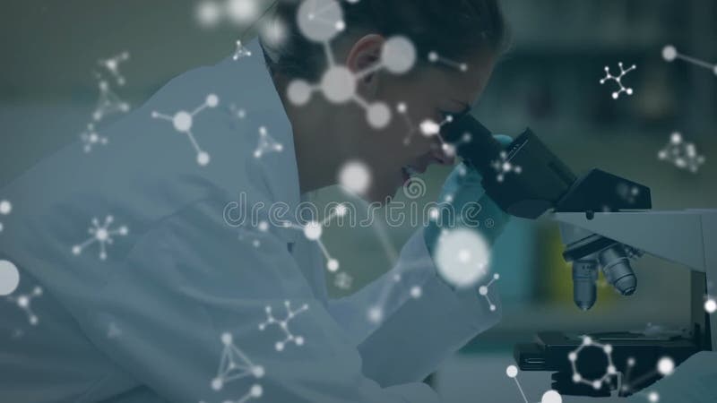Using Microscope, Scientist Studying, Molecular Structure Animation in Laboratory Background ...