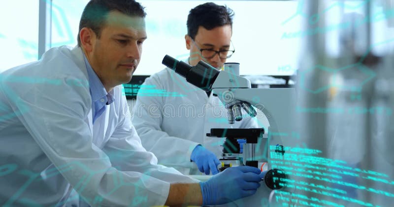Using Microscopes, Scientists Analyzing Digital Data Overlay in Laboratory Setting Stock Footage ...