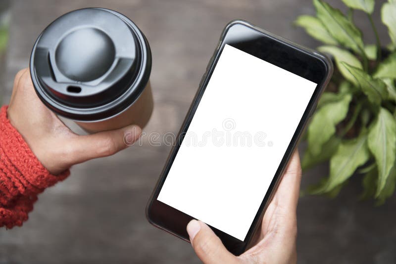 Using Mobile Phone with Blank White Screen and Coffee Cup. Stock Photo ...