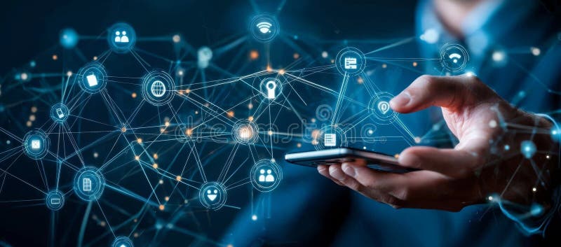 Using a Mobile Phone and Icon Network Connection Data, Businessman Uses ...