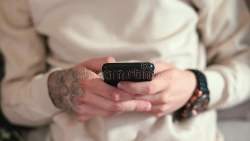 Using Mobile Phone with One Hand. Guy Scrolls Finger Across Screen ...