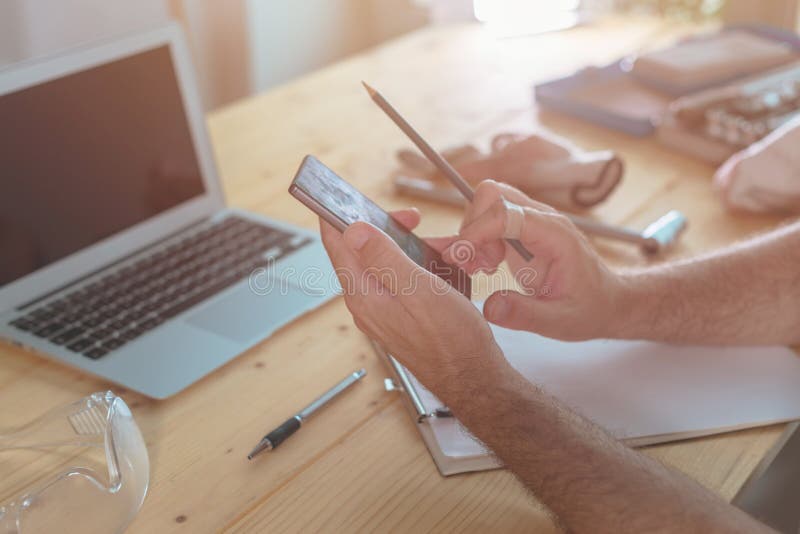 Using Modern Technology in Small Business Workshop Stock Image - Image ...