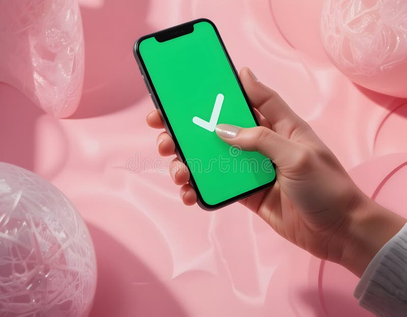 Using Phone with Check Mark Displayed Against a Pink Background Stock ...