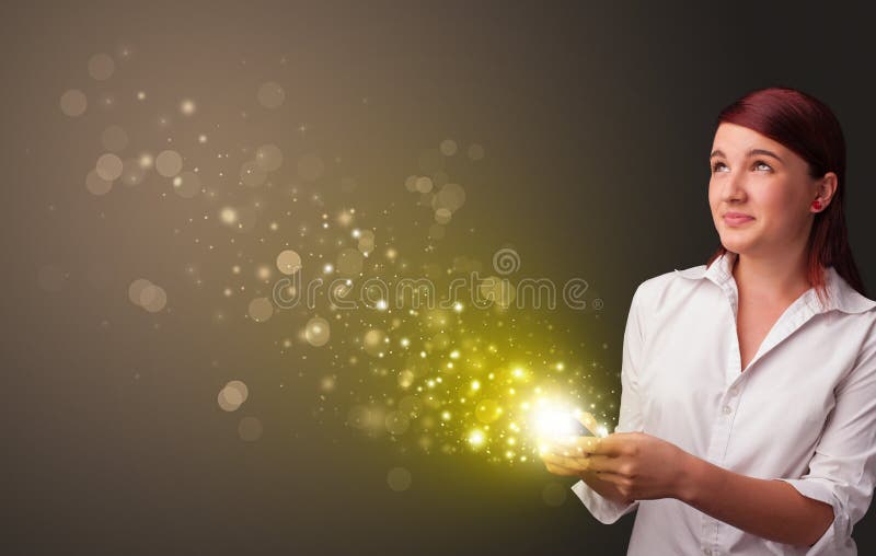 Using Phone with Gold Sparkling Concept Stock Photo - Image of media ...