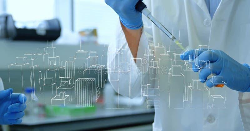 Using Pipette in Lab, Scientist with Digital Cityscape Animation ...