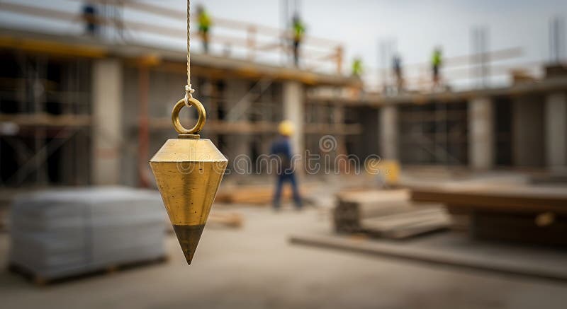 Using Plumb Bob Tool on a Construction Site with Workers Stock ...