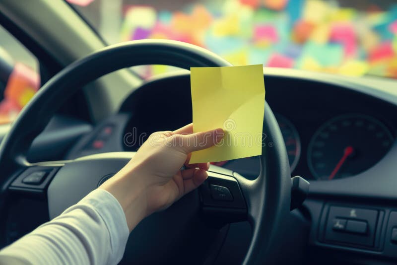 Using a Post-it Note To Secure an Object on Car Steering Wheel Stock ...