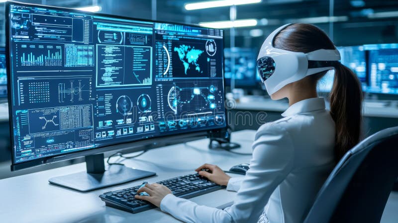 Using a Powerful Desktop Computer, a Robot Woman with Stock Sits at a ...