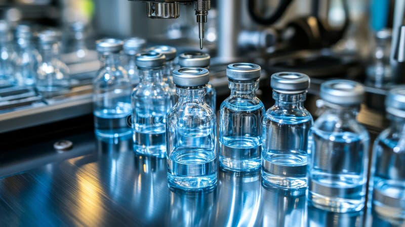 Using a Robotic Filling Machine, Blue Liquid is Poured into Glass Vials ...