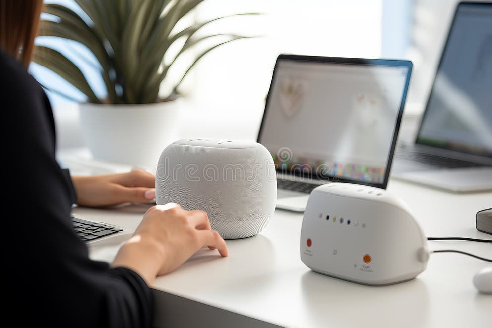 Using Smart Assistant Device To Set Reminders and Give Voice Commands during daily Tasks Stock ...