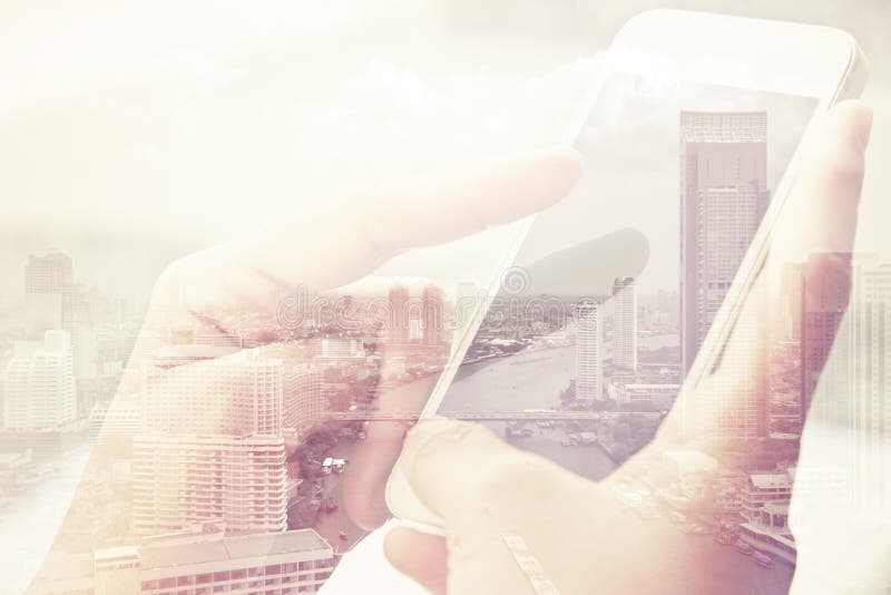 Using Smart Phone Double Exposure. Stock Image - Image of concepts ...