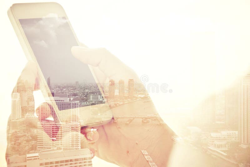 Using Smart Phone Double Exposure. Stock Image - Image of growth, human ...