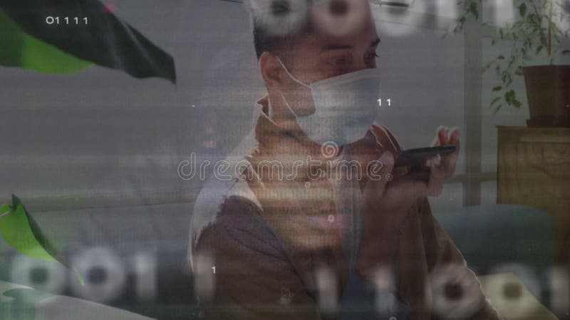 Using Smartphone with Digital Binary Code Overlay, Man Wearing Mask ...