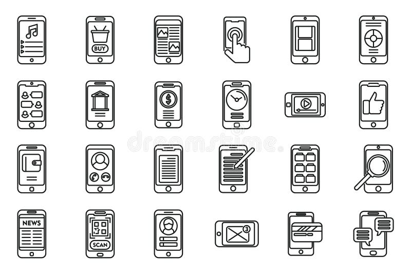Using Smartphone Icons Set Outline Vector. App Addiction Stock Vector ...