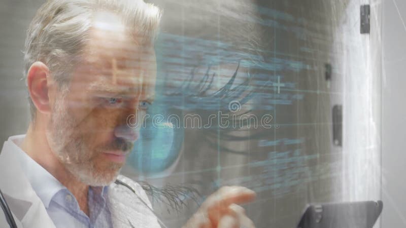 Using Smartphone, Man with Digital Code and Eye Animation in Background ...