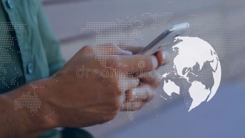 Using Smartphone, Person with Animated World Map Over Hands Stock Video ...