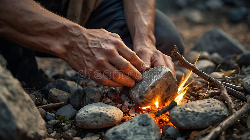 Using Stones To Ignite Fire in a Wild Jungle Environment Stock ...