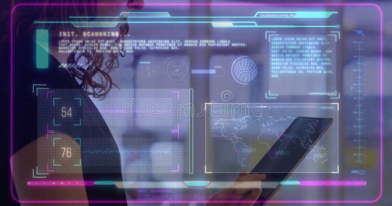 Using Tablet with Animation Overlay, Person Viewing Data and World Map ... Using Tablet with Animation Overlay, Person Viewing Data and World Map ...