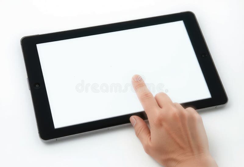 Using Tablet Computer Hand Touching Screen on White Background Top View ...