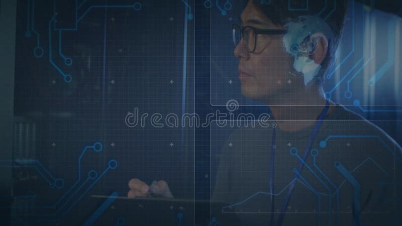 Using Tablet with Digital Circuit Animation, Man Representing ...