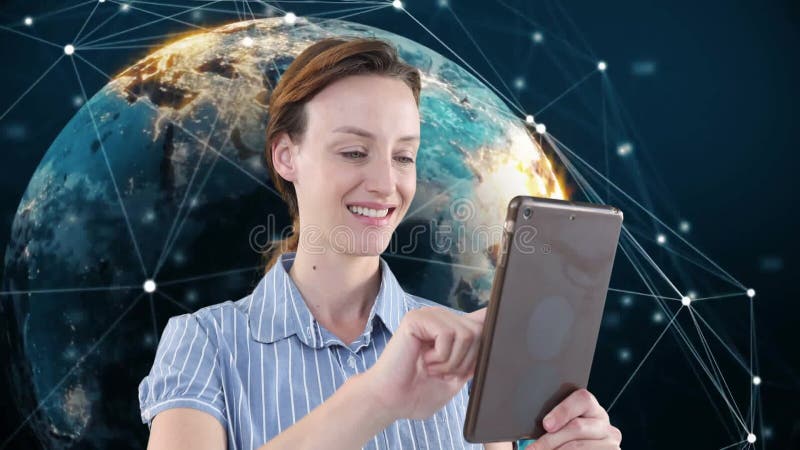 Using Tablet with Digital Network and Earth Animation, Woman in Office ...