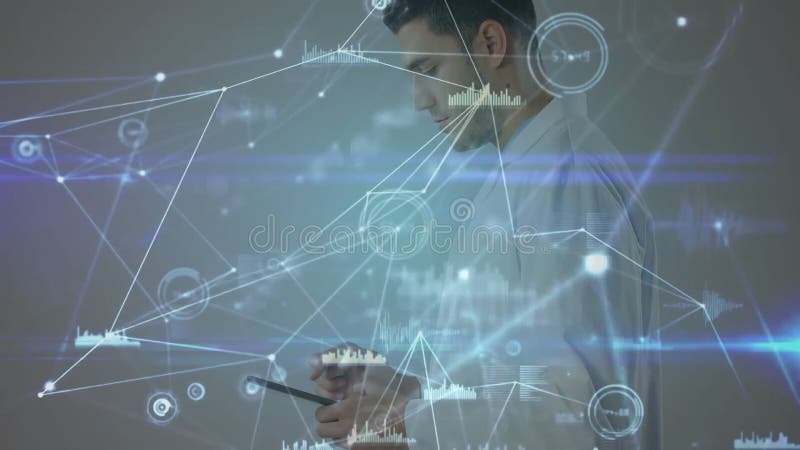 Using Tablet, Man Viewing Animation of Digital Network and Data in ...